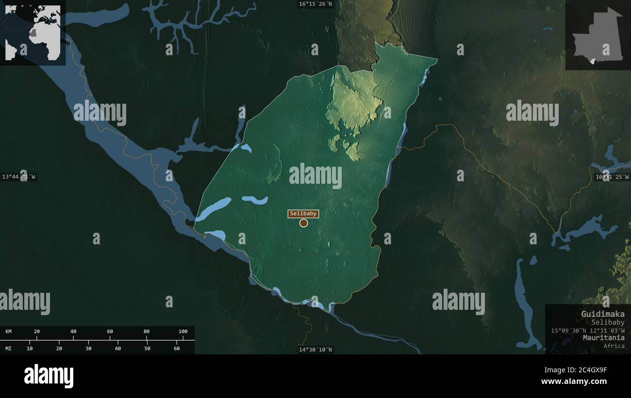 Guidimaka, region of Mauritania. Colored relief with lakes and rivers ...