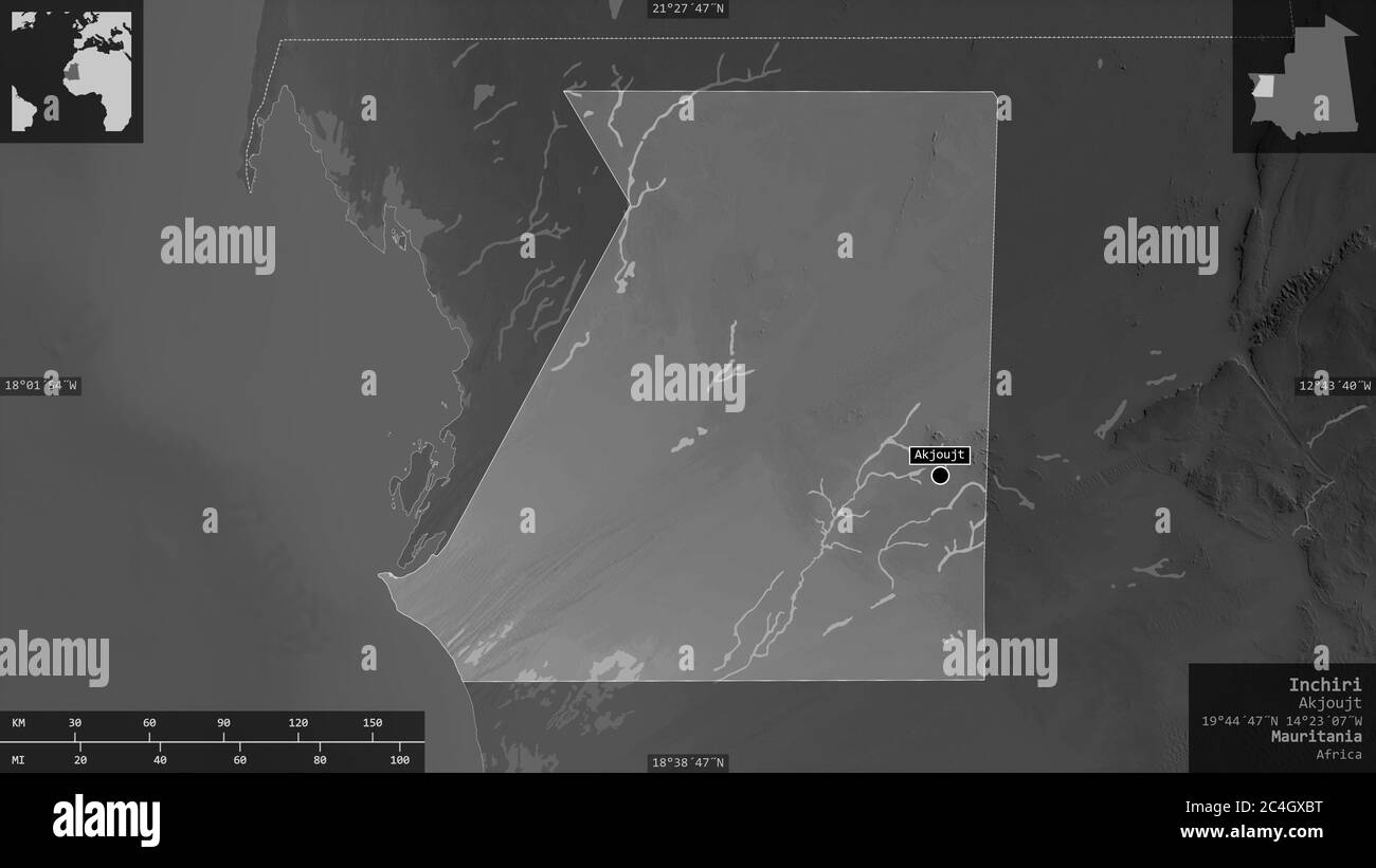 Inchiri, region of Mauritania. Grayscaled map with lakes and rivers ...