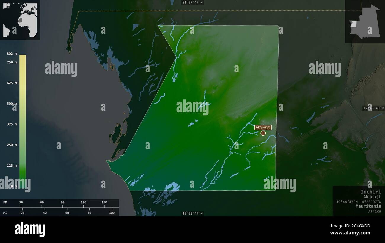 Inchiri, region of Mauritania. Colored shader data with lakes and ...