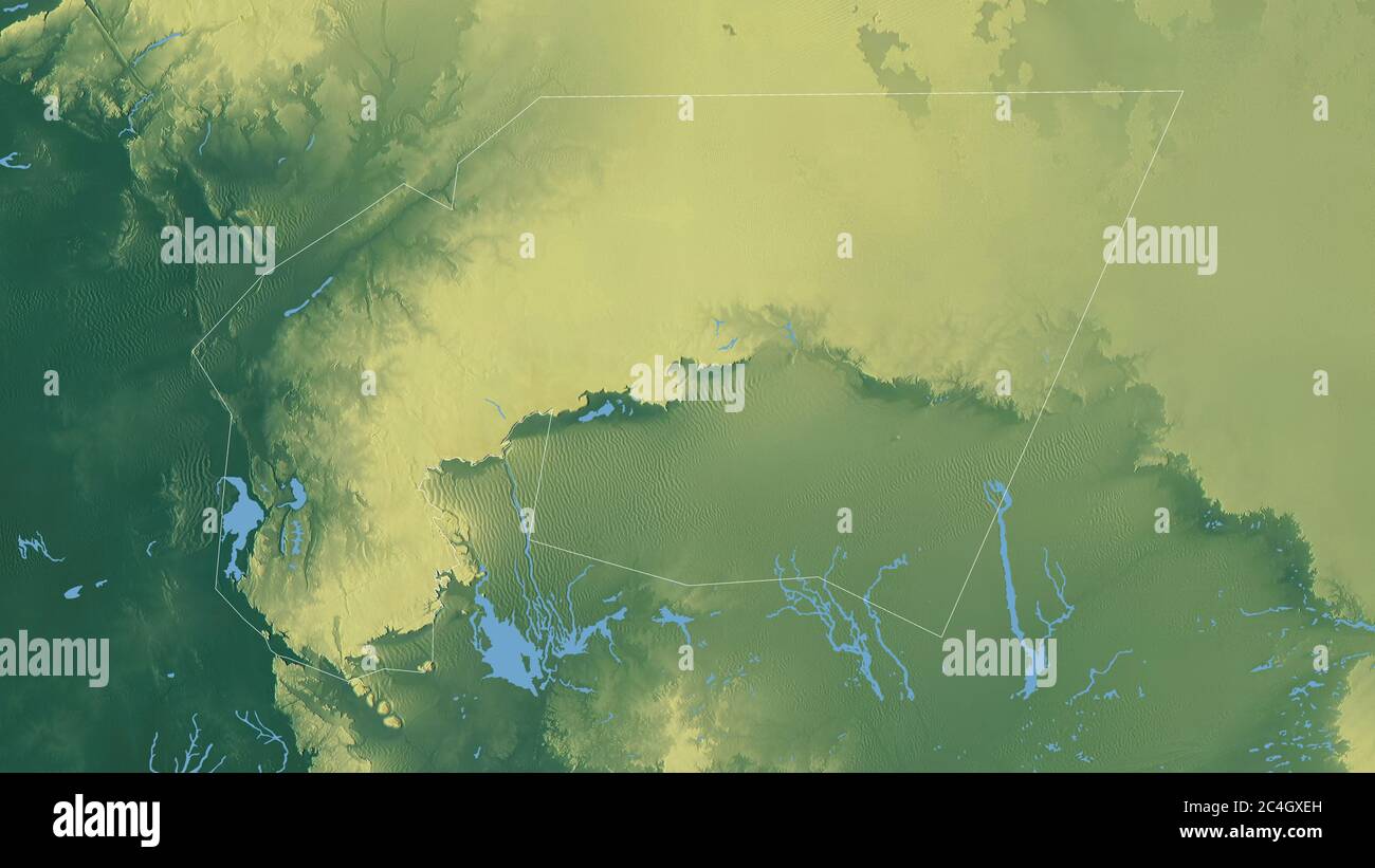 Tagant, region of Mauritania. Colored relief with lakes and rivers ...
