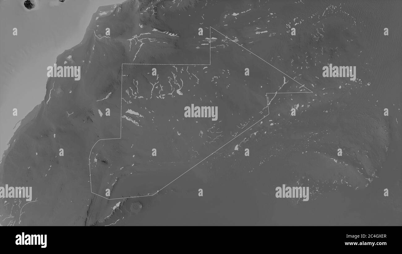 Tiris Zemmour, region of Mauritania. Grayscaled map with lakes and ...