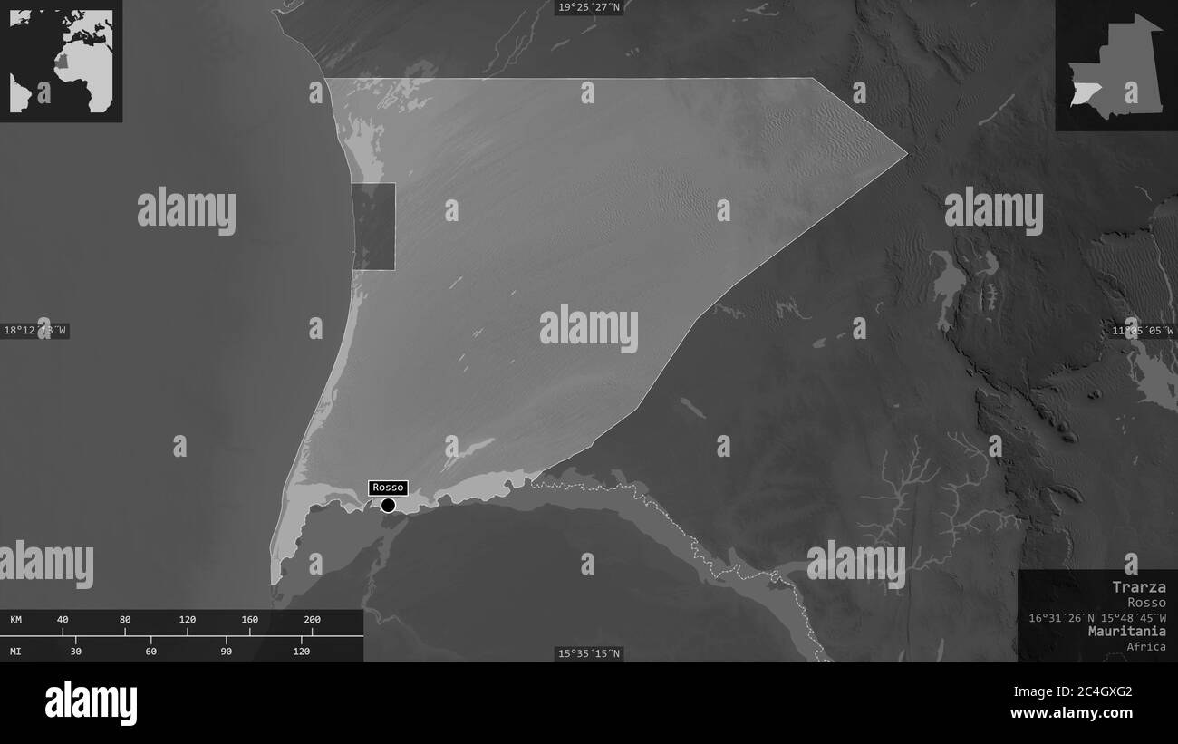 Trarza, region of Mauritania. Grayscaled map with lakes and rivers ...