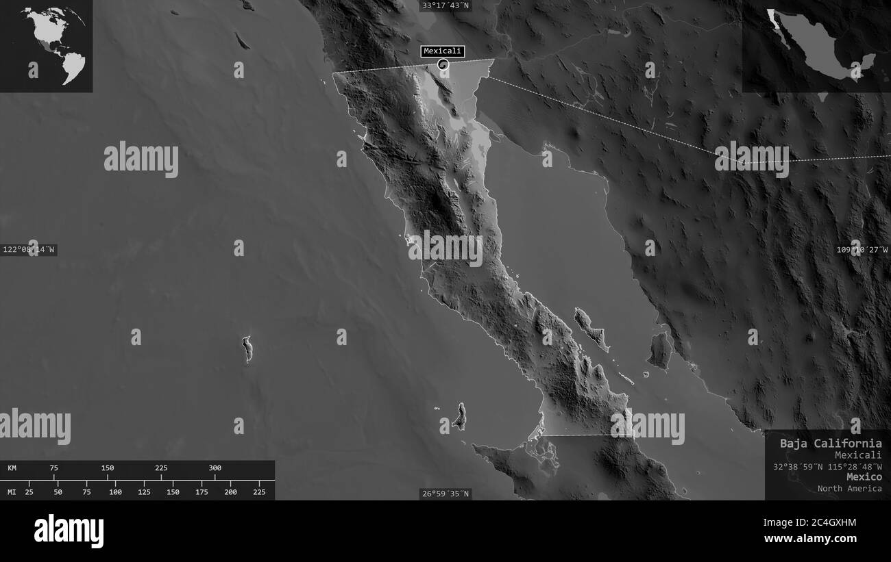 Baja California, state of Mexico. Grayscaled map with lakes and rivers ...