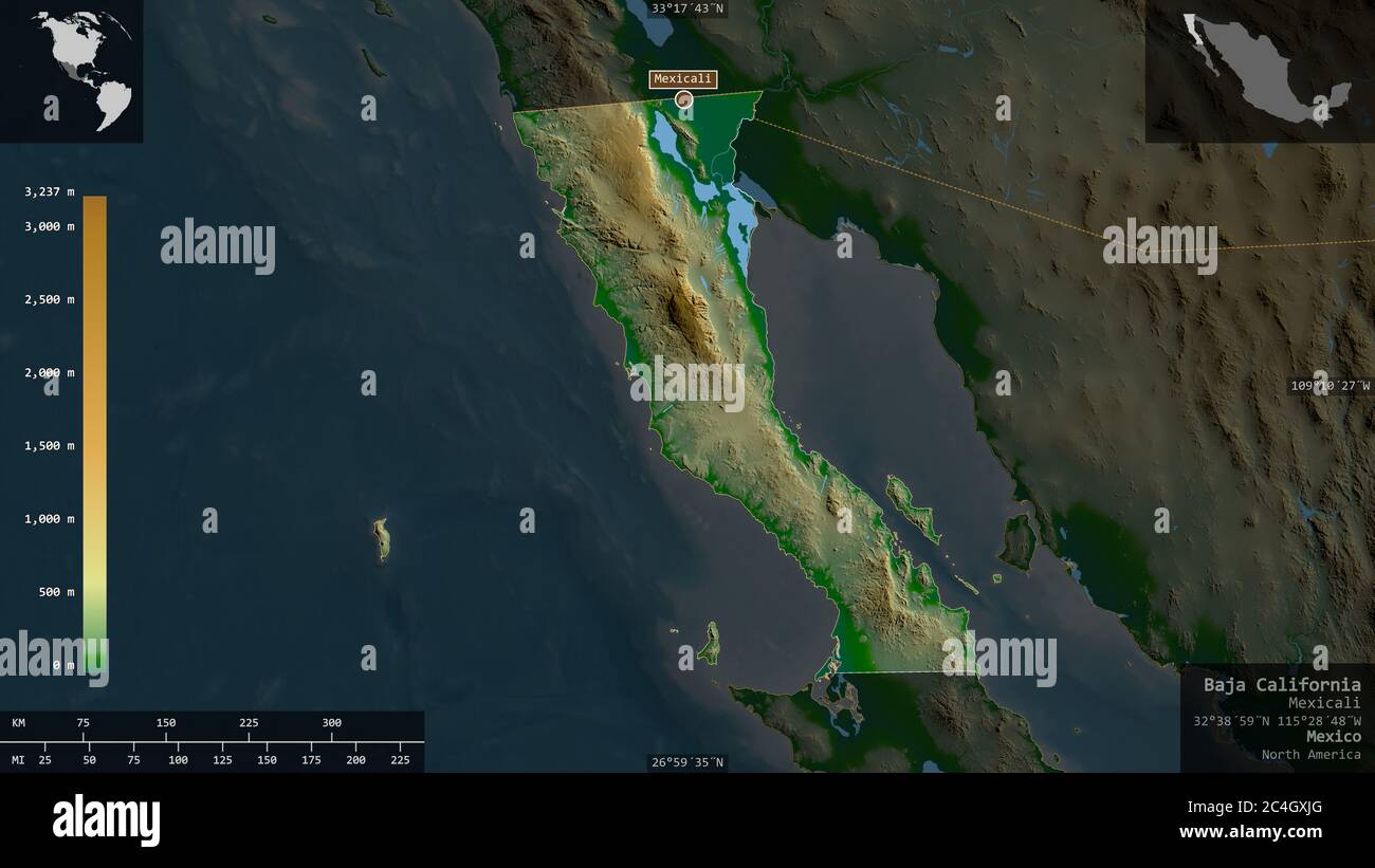 Baja California, state of Mexico. Colored shader data with lakes and ...