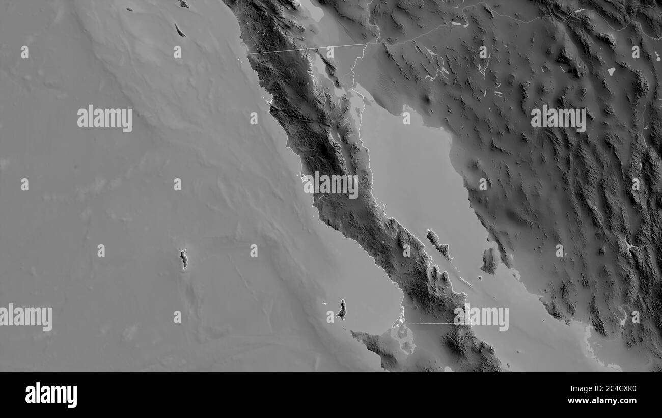 Baja California, state of Mexico. Grayscaled map with lakes and rivers ...