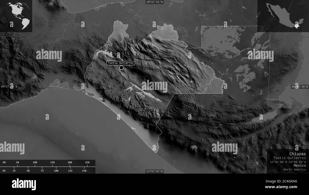Chiapas, state of Mexico. Grayscaled map with lakes and rivers. Shape ...