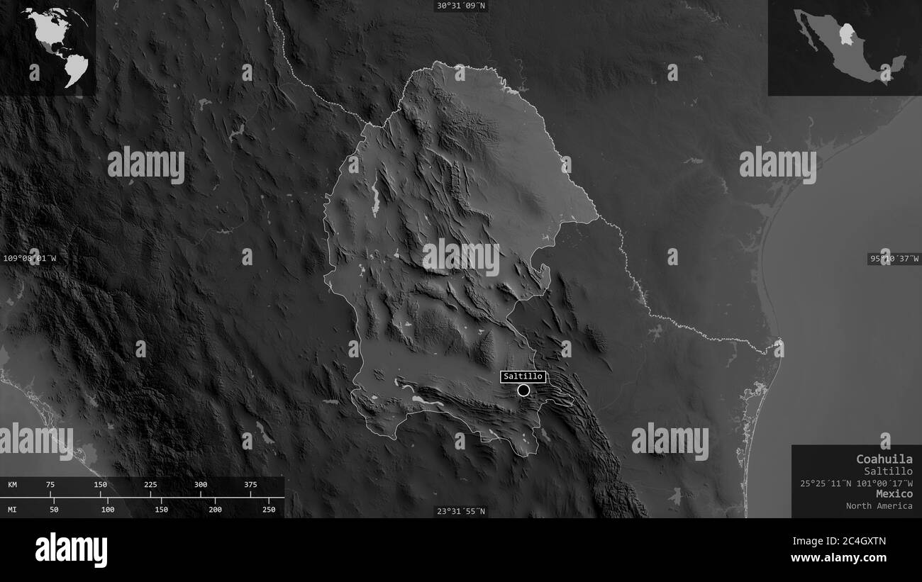 Coahuila, state of Mexico. Grayscaled map with lakes and rivers. Shape ...