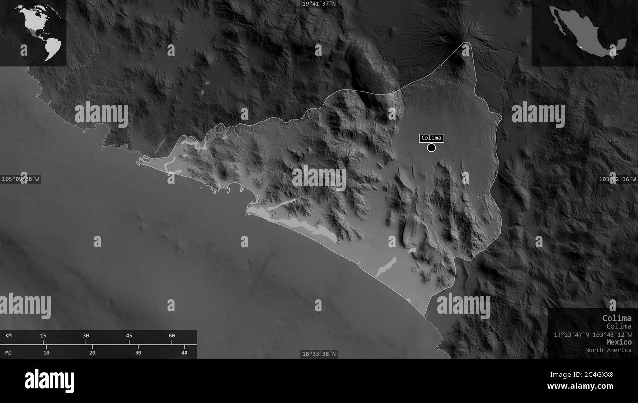 Colima, state of Mexico. Grayscaled map with lakes and rivers. Shape ...