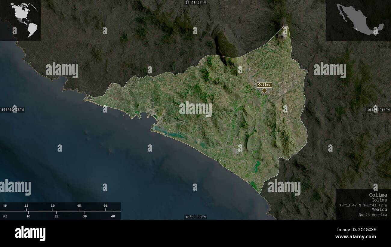 Colima, state of Mexico. Satellite imagery. Shape presented against its ...