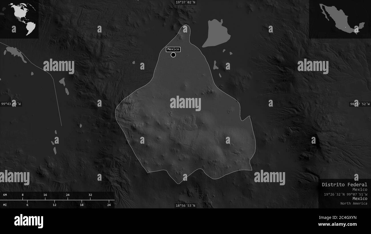 Distrito Federal, federal district of Mexico. Grayscaled map with lakes ...