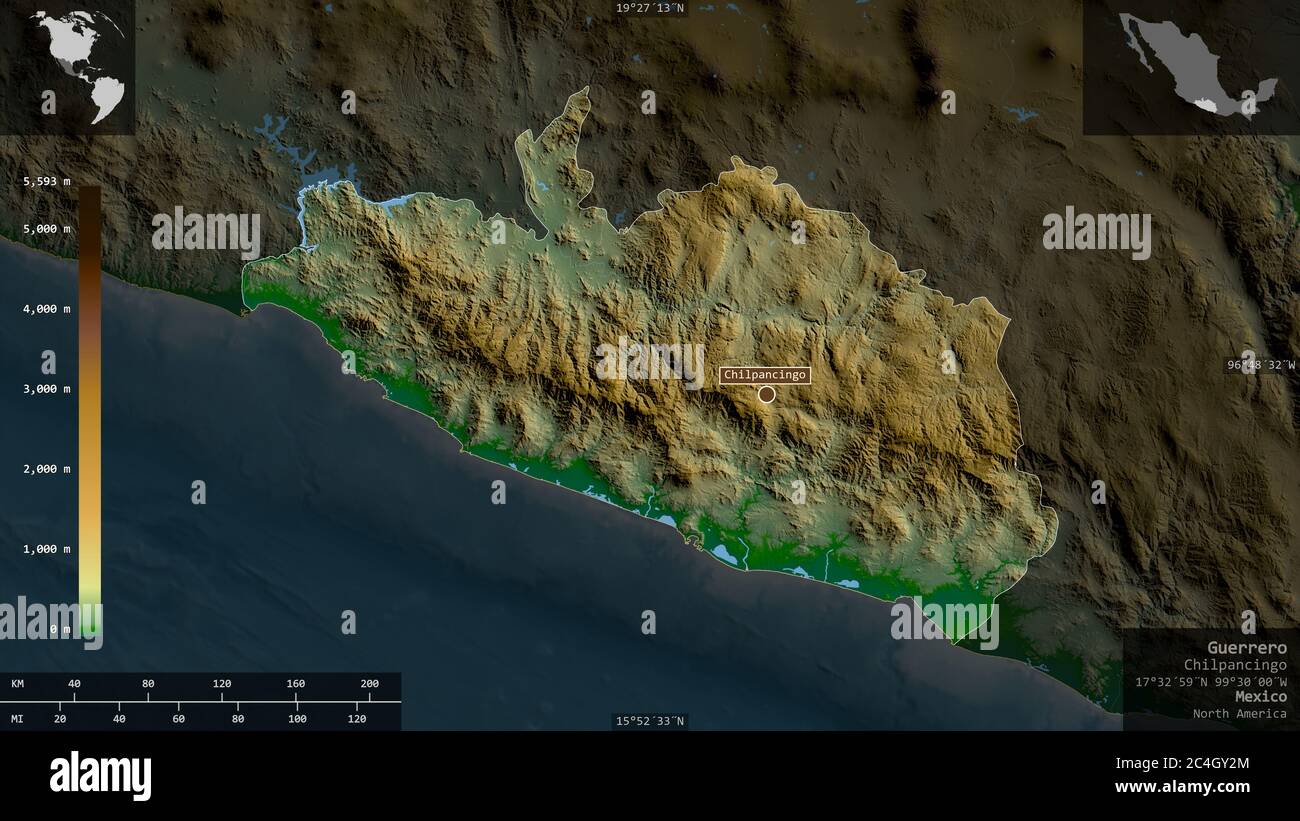 Guerrero, state of Mexico. Colored shader data with lakes and rivers ...