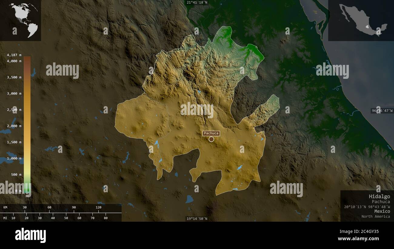Hidalgo, state of Mexico. Colored shader data with lakes and rivers ...