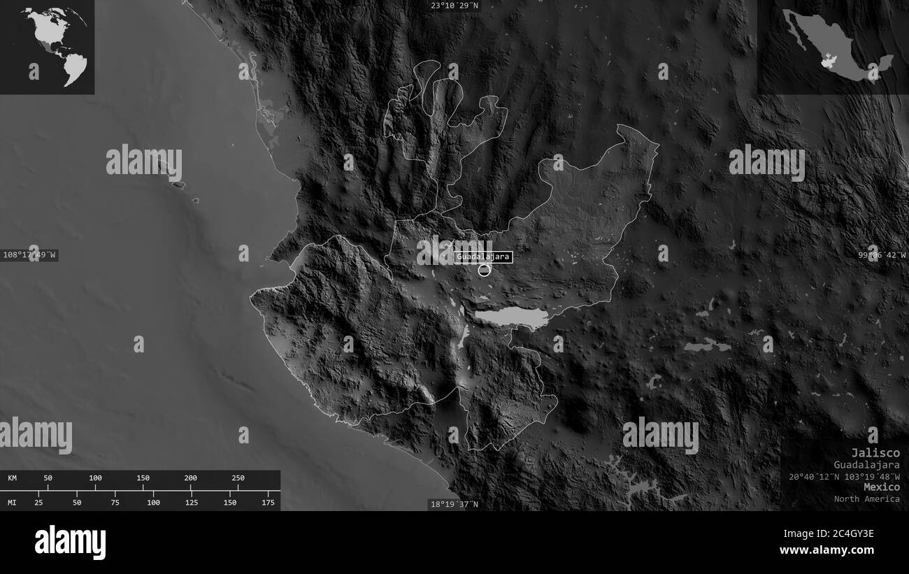 Jalisco, state of Mexico. Grayscaled map with lakes and rivers. Shape ...