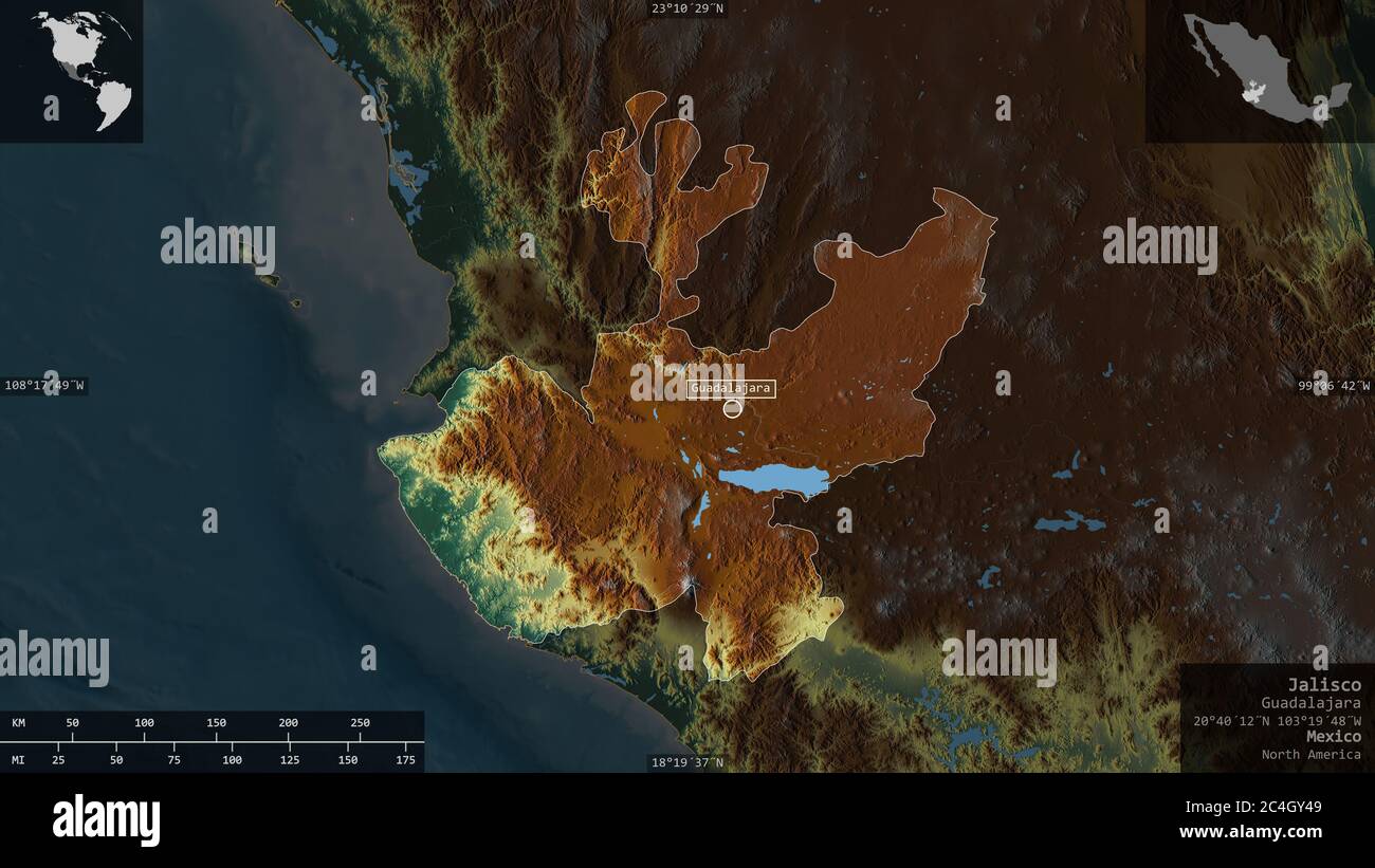 Jalisco, state of Mexico. Colored relief with lakes and rivers. Shape ...