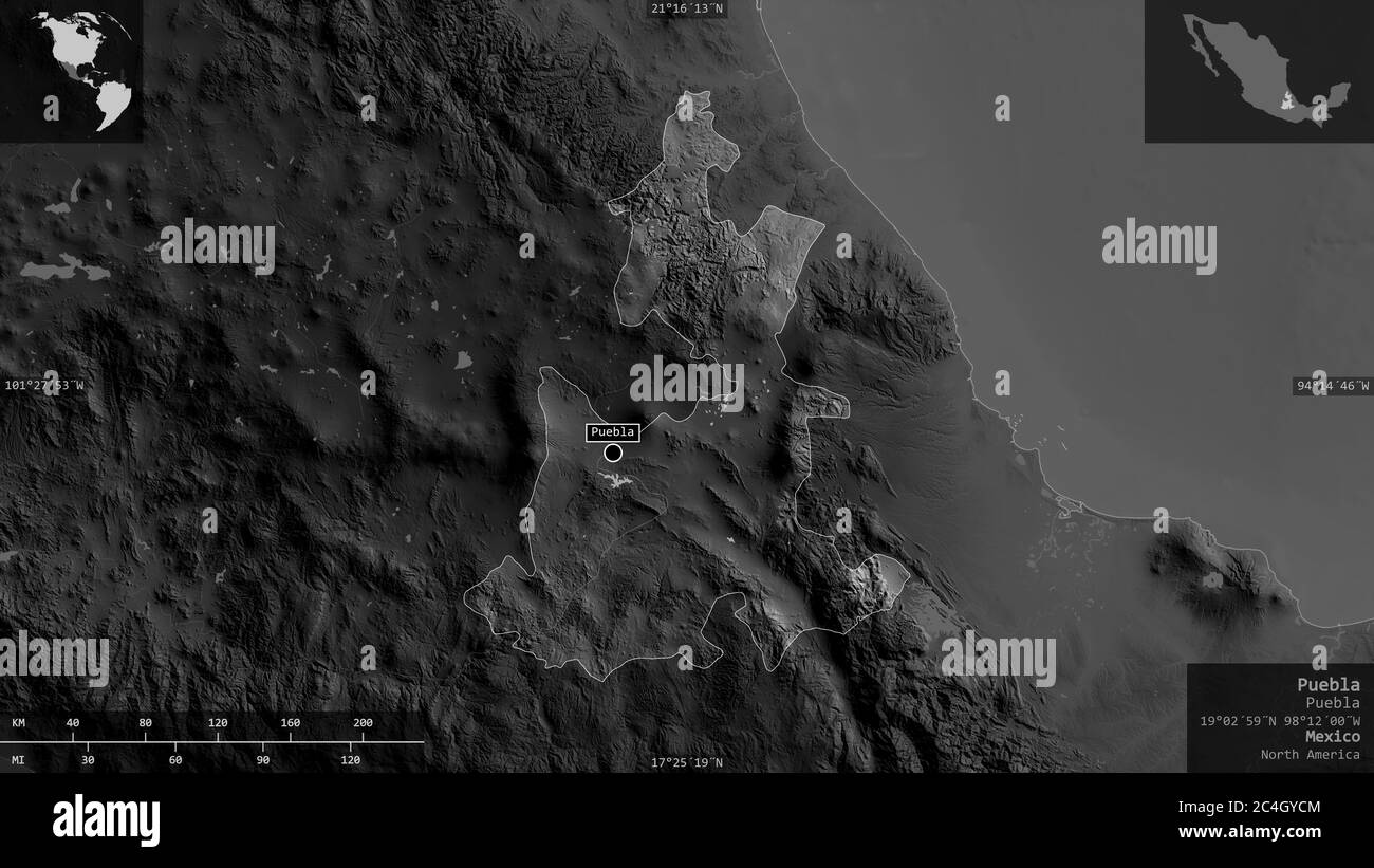 Puebla, state of Mexico. Grayscaled map with lakes and rivers. Shape ...