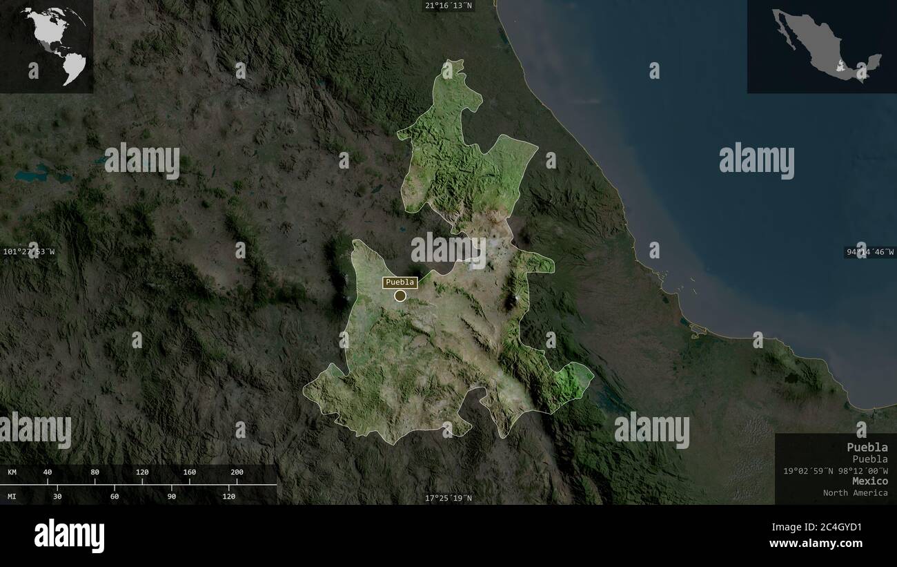 Puebla, state of Mexico. Satellite imagery. Shape presented against its ...
