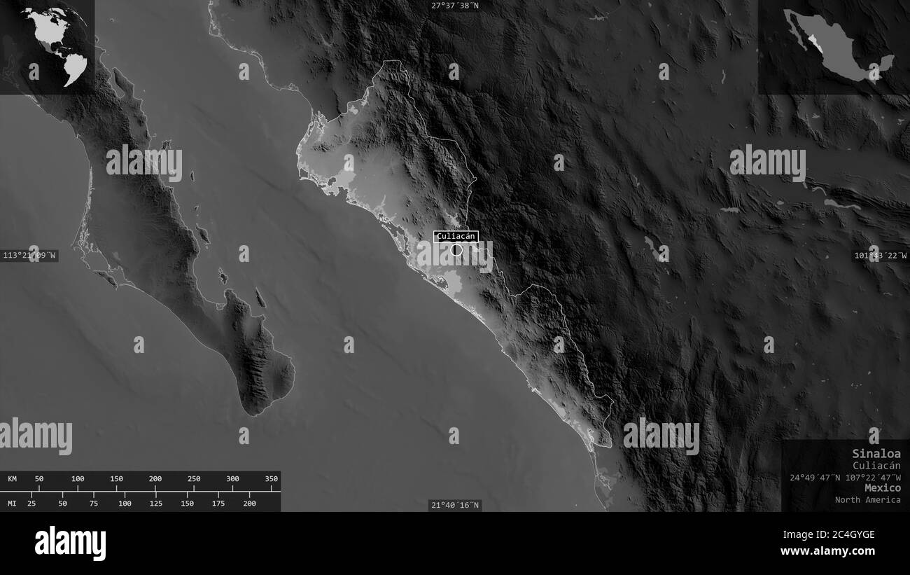 Sinaloa, state of Mexico. Grayscaled map with lakes and rivers. Shape ...