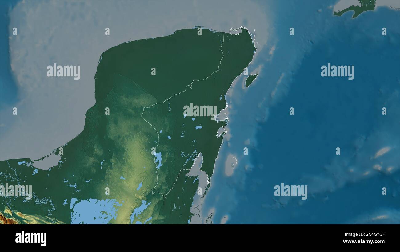 Quintana Roo, state of Mexico. Colored relief with lakes and rivers ...