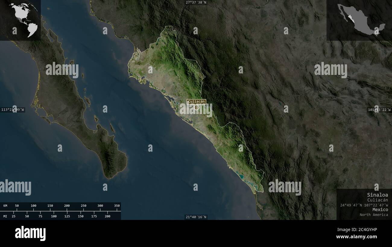 Sinaloa, state of Mexico. Satellite imagery. Shape presented against ...