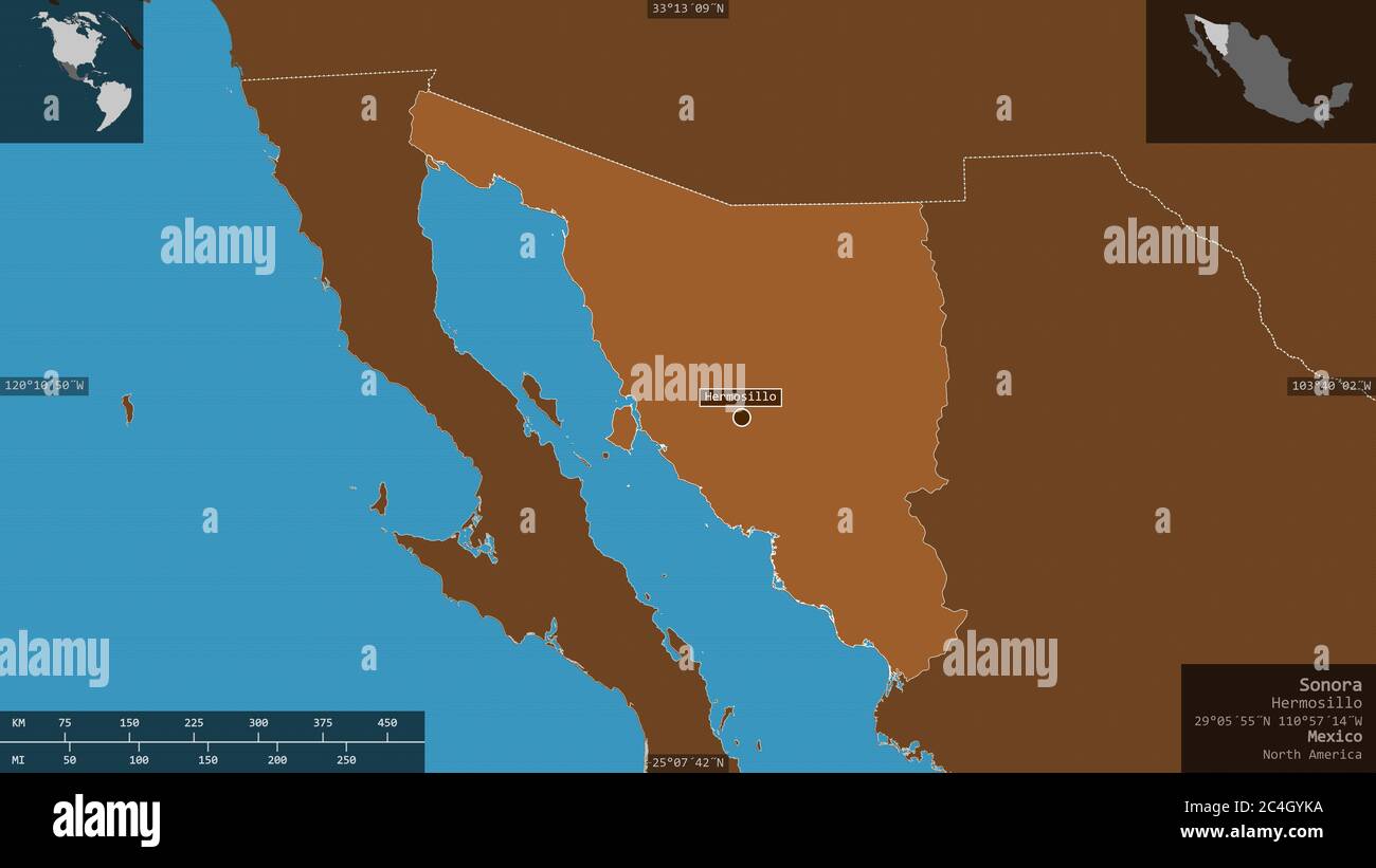 Sonora, state of Mexico. Patterned solids with lakes and rivers. Shape presented against its ...