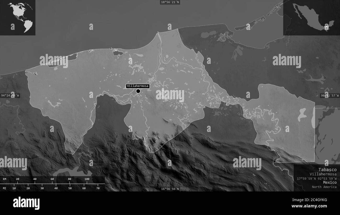 Tabasco, state of Mexico. Grayscaled map with lakes and rivers. Shape ...