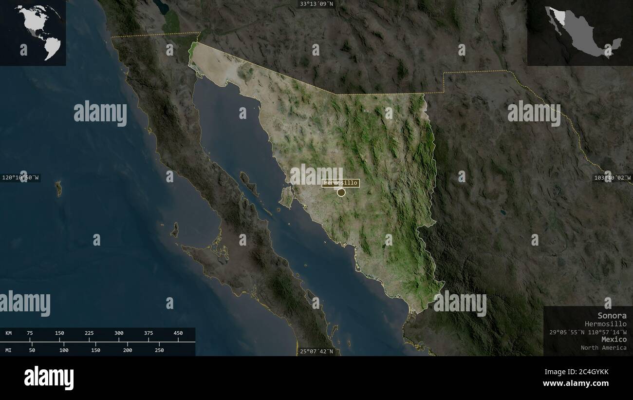 Sonora, state of Mexico. Satellite imagery. Shape presented against its ...