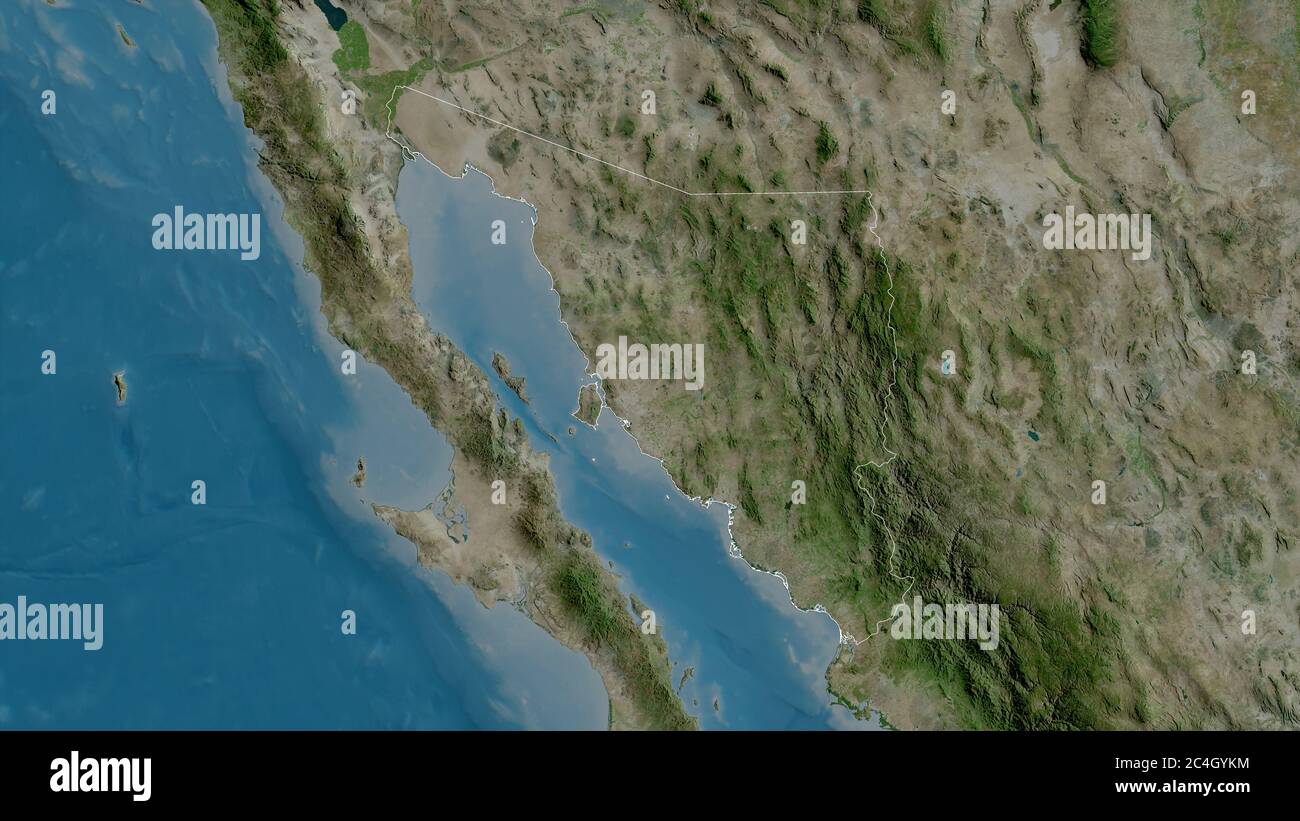 Sonora, state of Mexico. Satellite imagery. Shape outlined against its country area. 3D ...