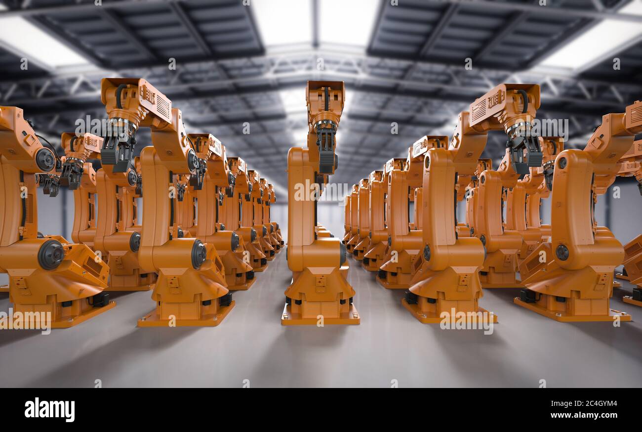 3d rendering group of orange robotic arms in factory Stock Photo - Alamy