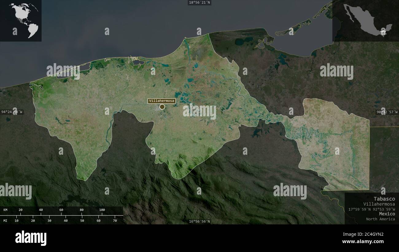 Tabasco, state of Mexico. Satellite imagery. Shape presented against ...