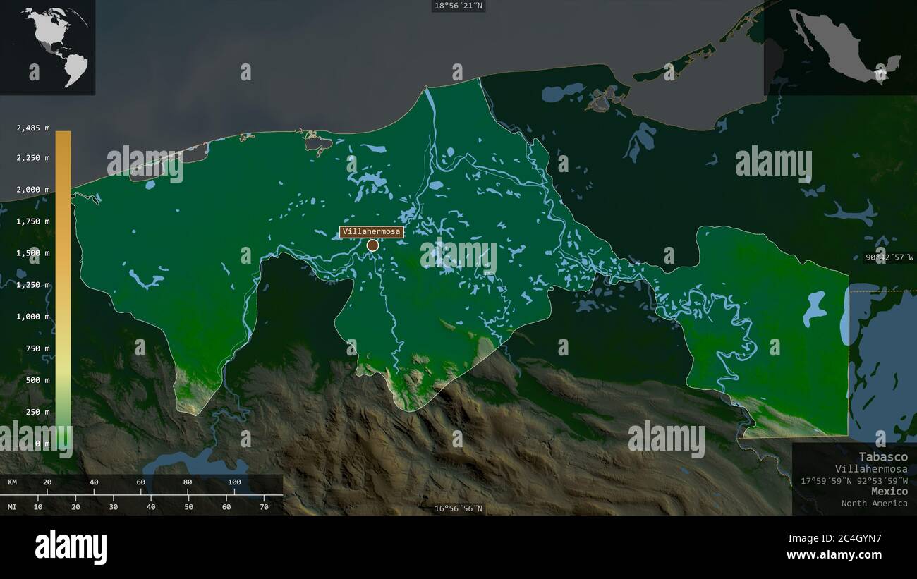 Tabasco, state of Mexico. Colored shader data with lakes and rivers ...