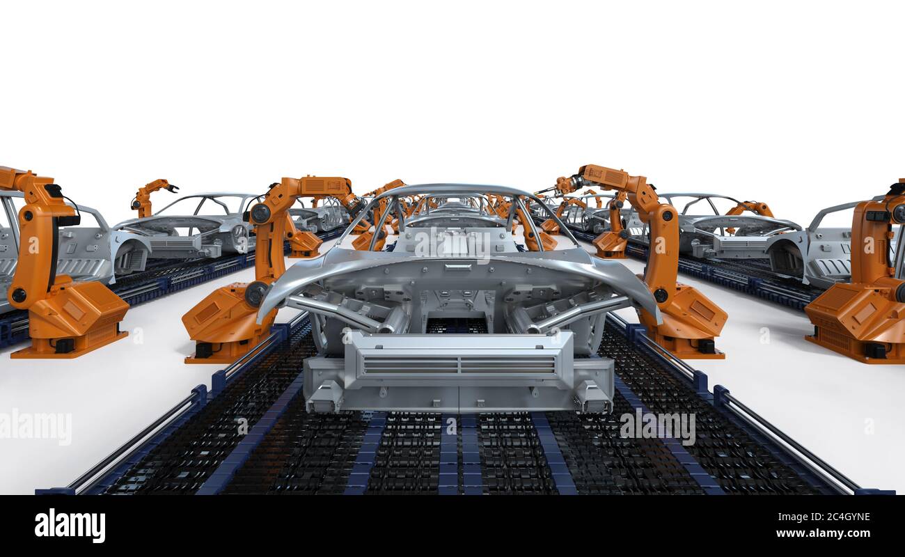 Automation aumobile factory concept with 3d rendering robot assembly ...