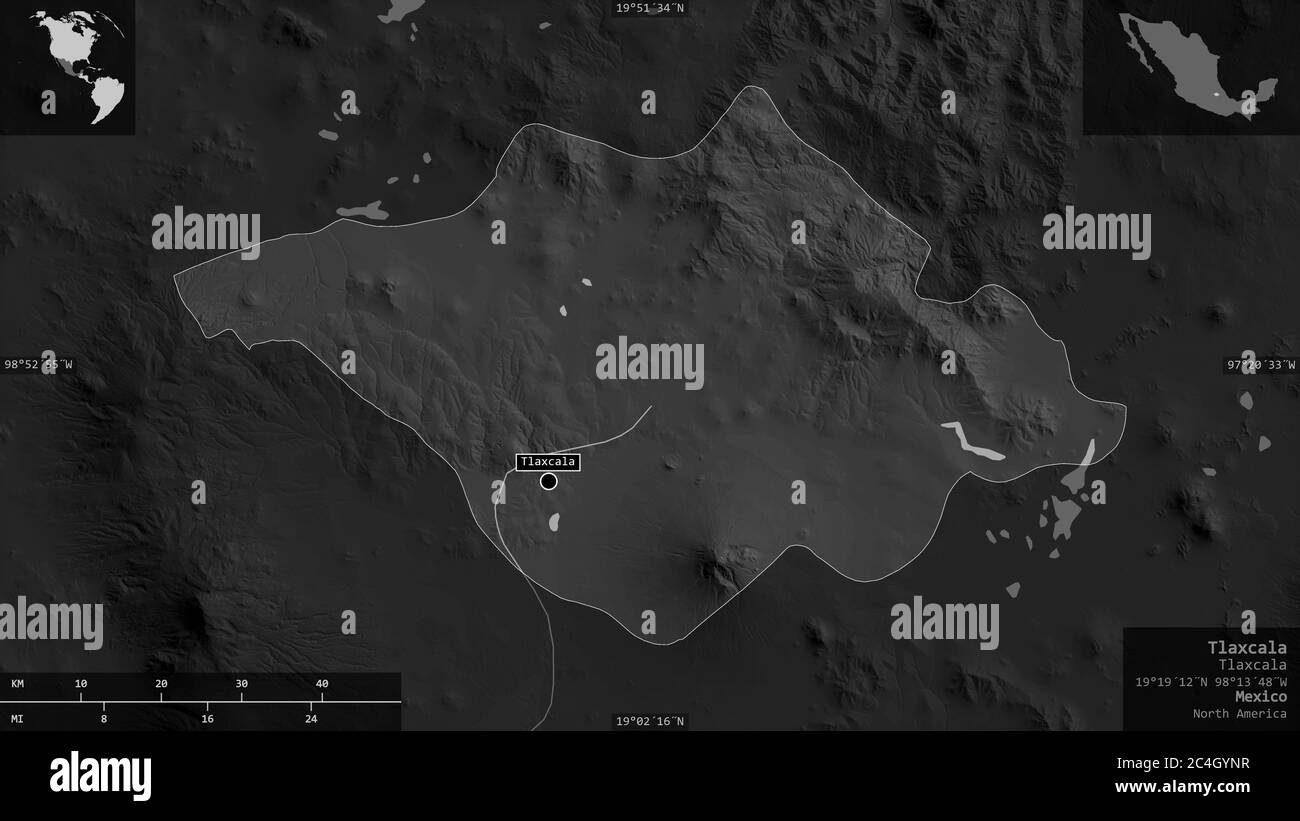 Tlaxcala, state of Mexico. Grayscaled map with lakes and rivers. Shape ...