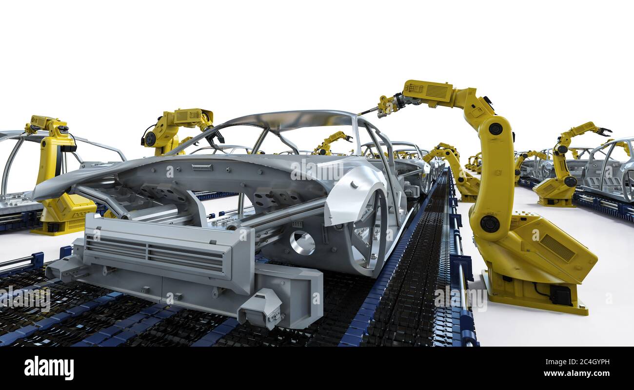 Automation aumobile factory concept with 3d rendering robot assembly ...