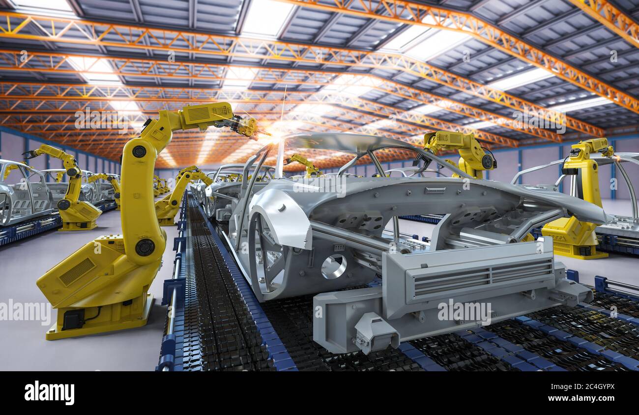 Automation aumobile factory concept with 3d rendering robot assembly ...