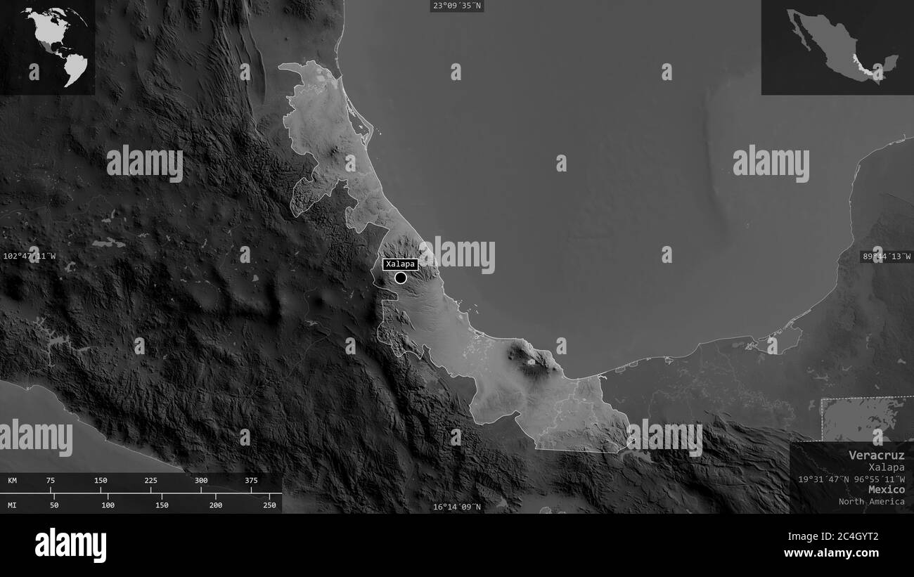 Veracruz, state of Mexico. Grayscaled map with lakes and rivers. Shape ...