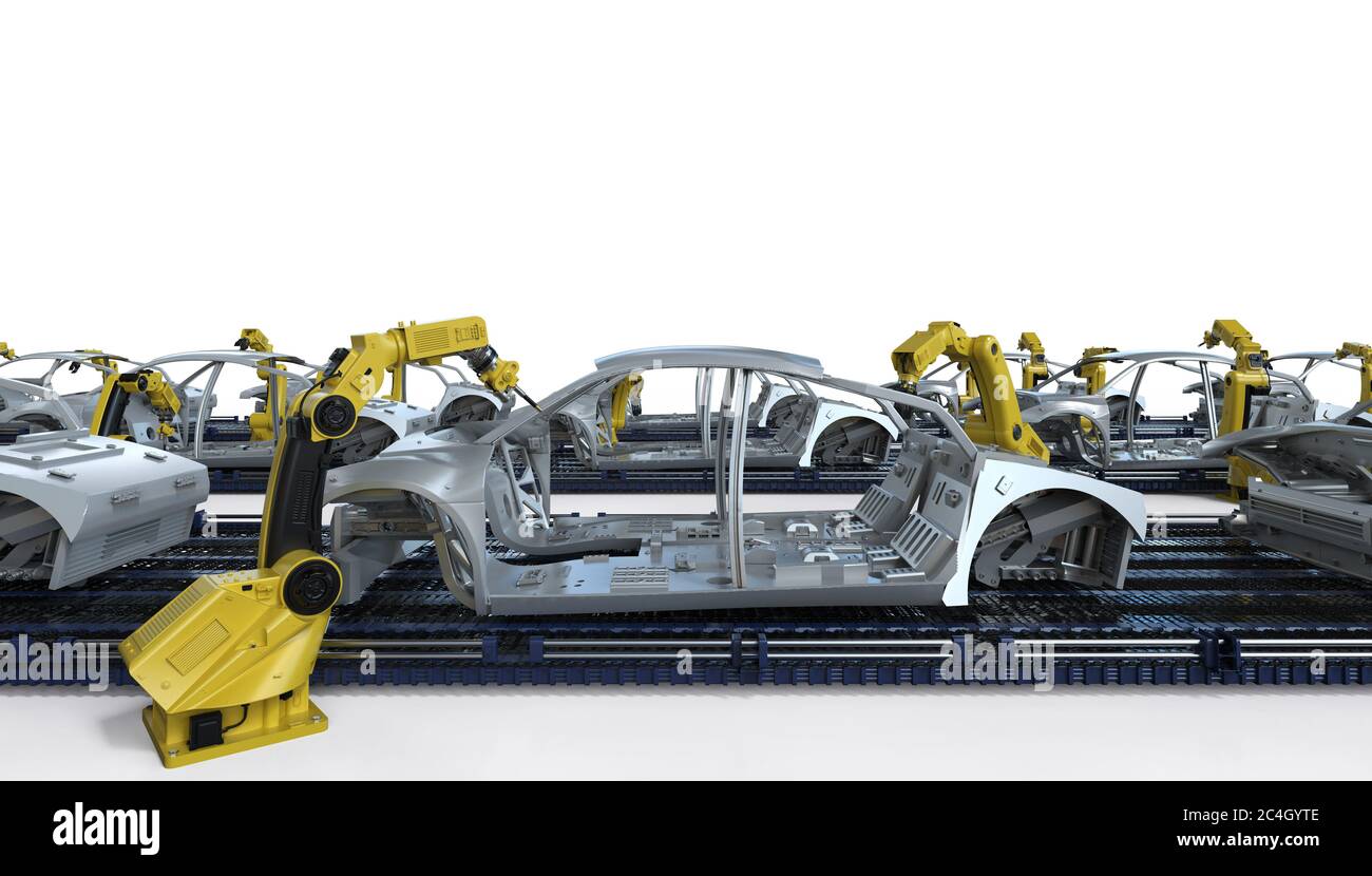 Automation aumobile factory concept with 3d rendering robot assembly ...