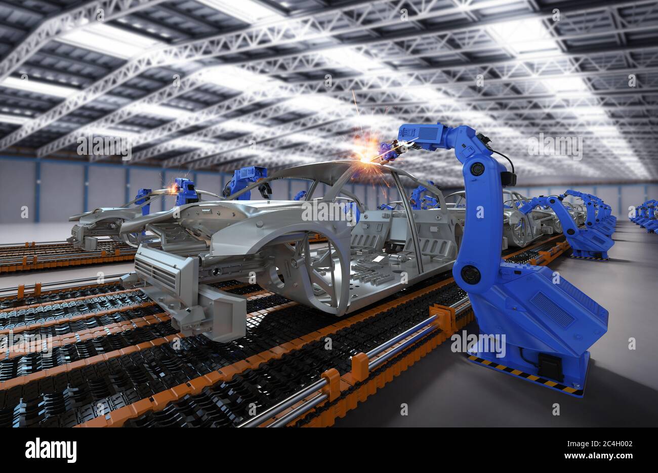 Automation aumobile factory concept with 3d rendering robot assembly ...
