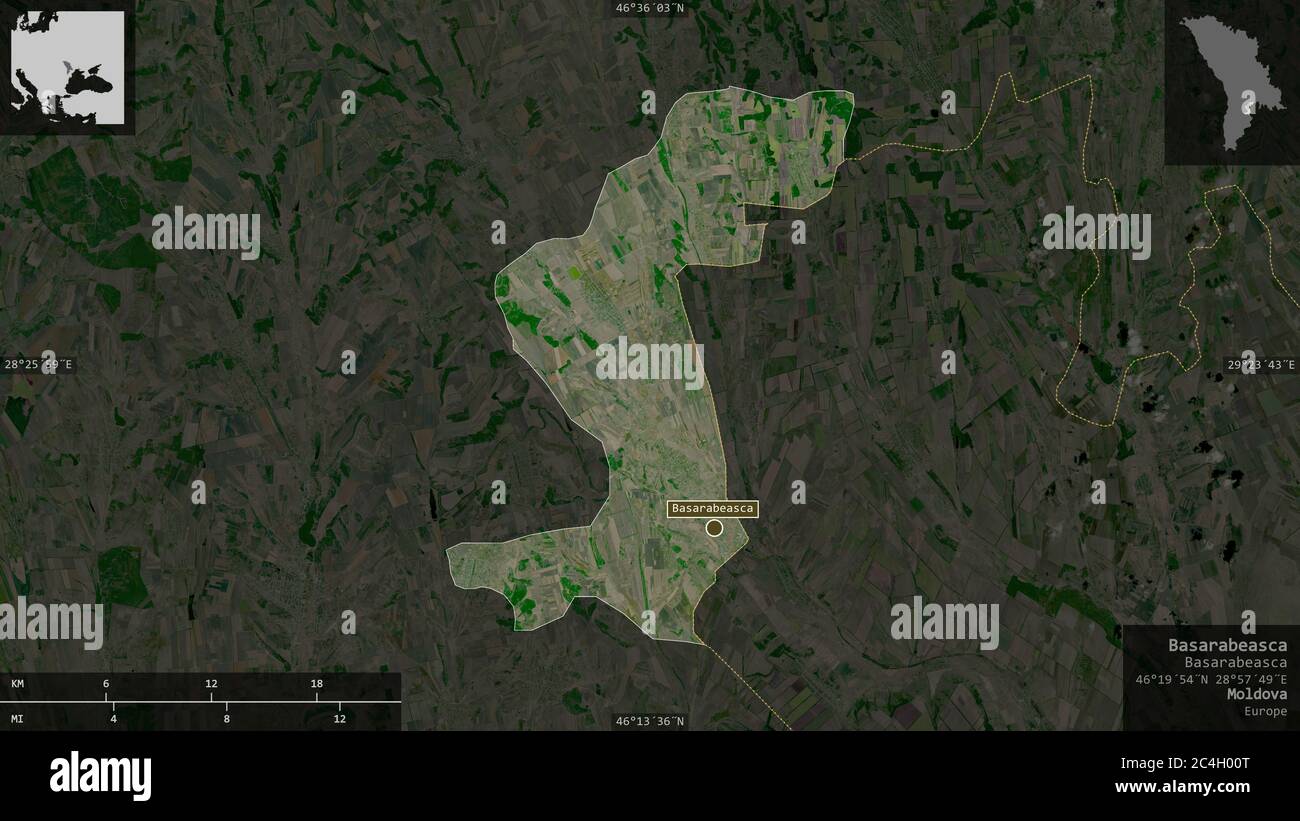 Basarabeasca, district of Moldova. Satellite imagery. Shape presented against its country area ...