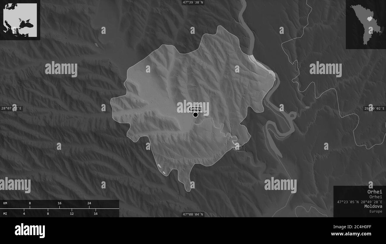 Orhei, district of Moldova. Grayscaled map with lakes and rivers. Shape ...