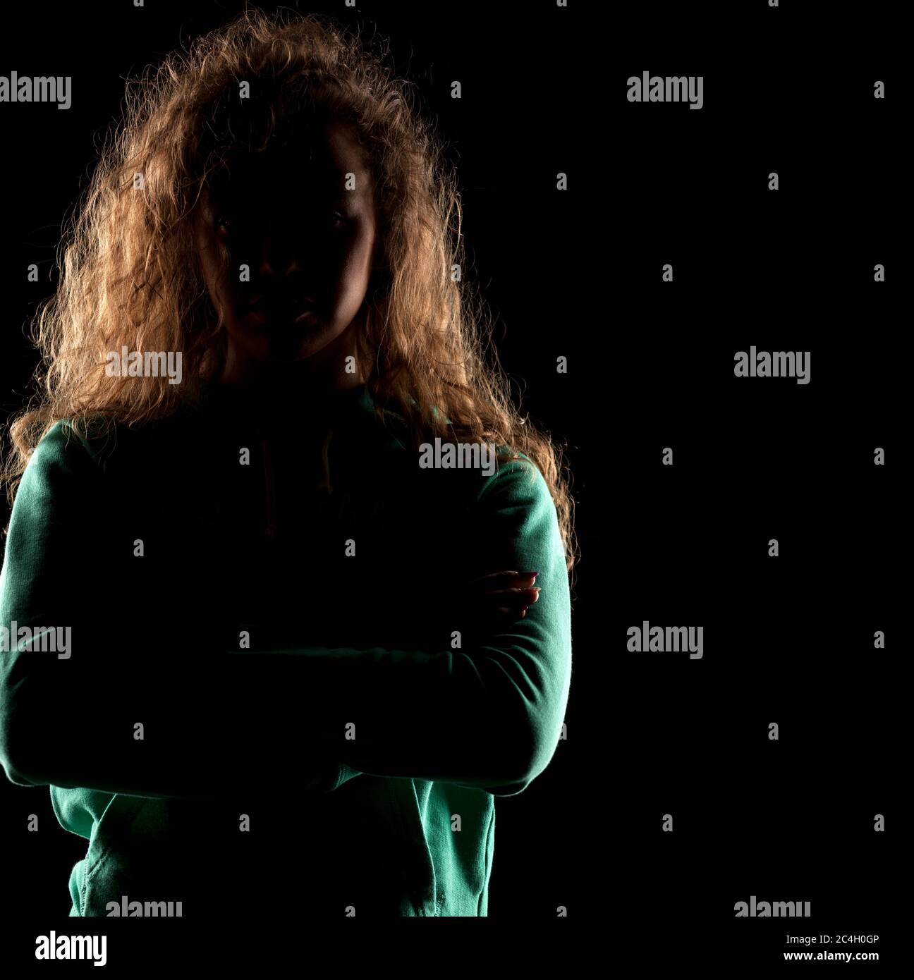 portrait of a girl with the face in shadow on a dark background Stock ...