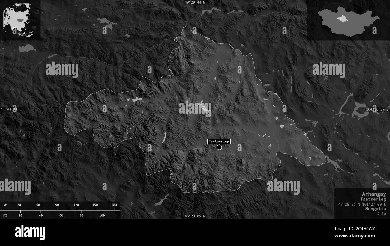 Arhangay, province of Mongolia. Grayscaled map with lakes and rivers ...
