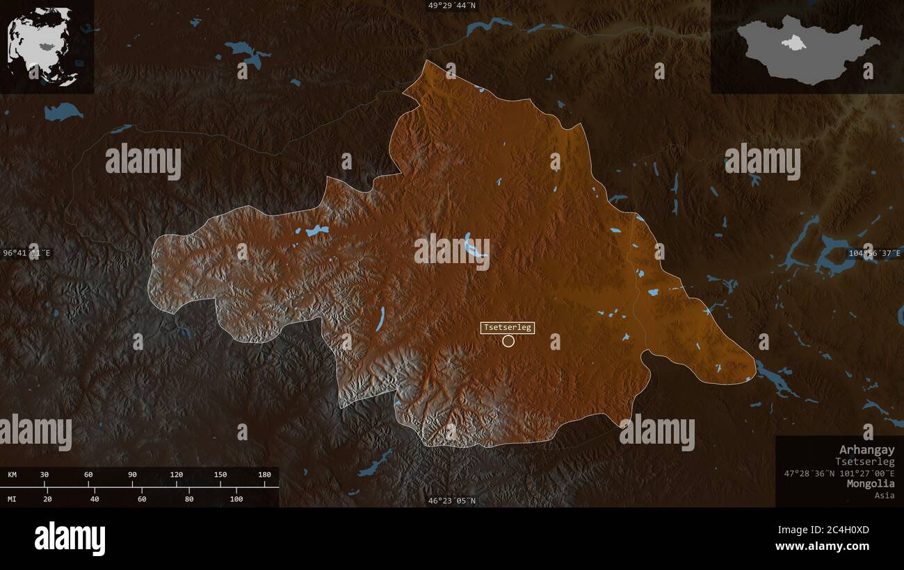 Arhangay, province of Mongolia. Colored relief with lakes and rivers ...