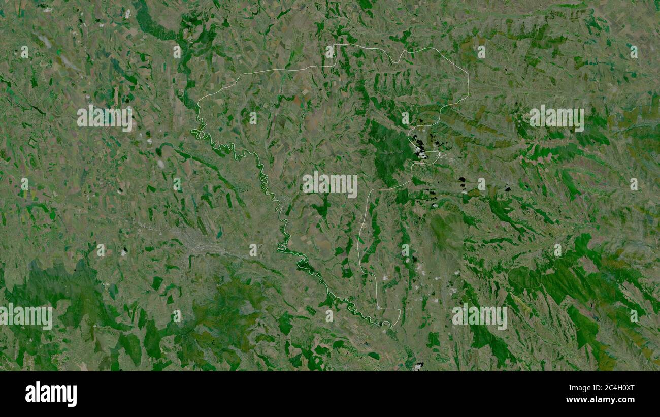 Ungheni, district of Moldova. Satellite imagery. Shape outlined against ...
