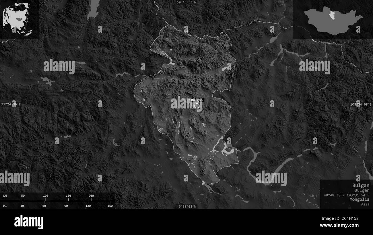 Bulgan, province of Mongolia. Grayscaled map with lakes and rivers ...