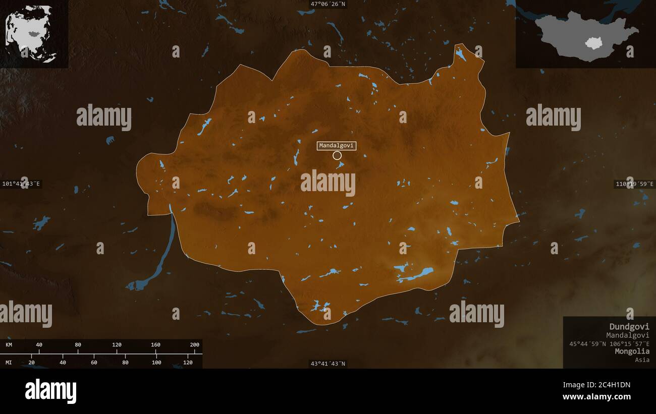 Dundgovi, province of Mongolia. Colored relief with lakes and rivers ...