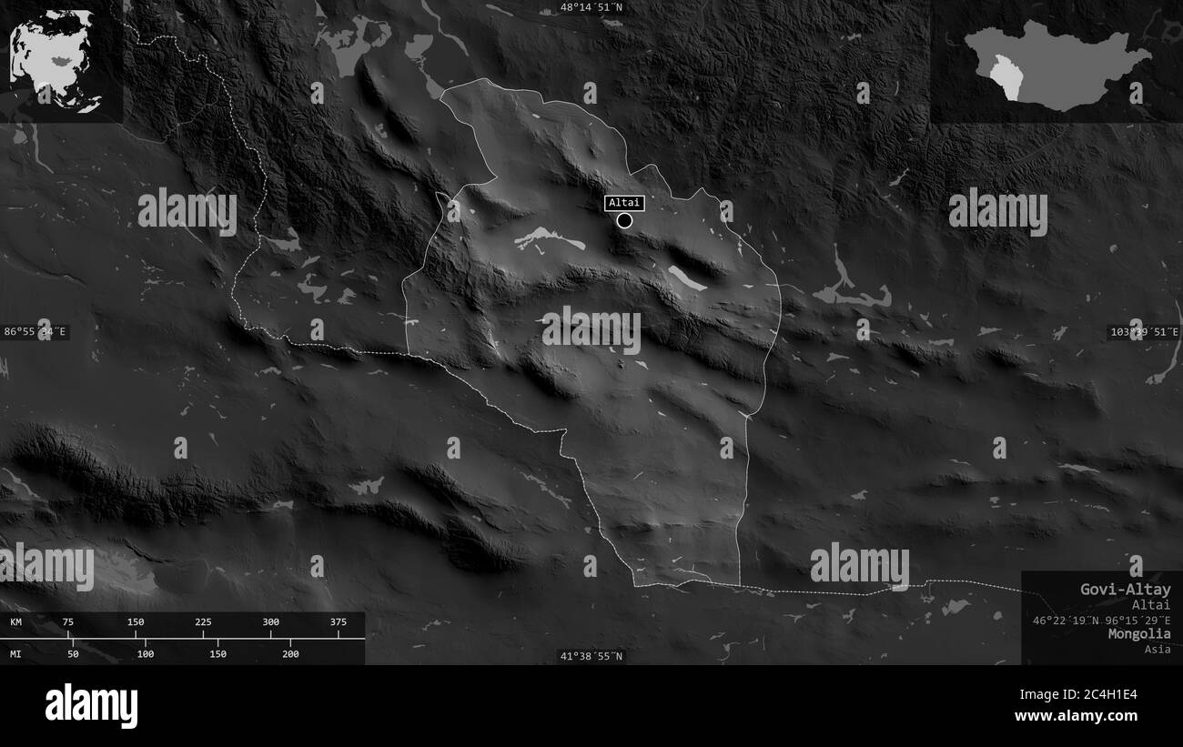 Govi-Altay, province of Mongolia. Grayscaled map with lakes and rivers ...