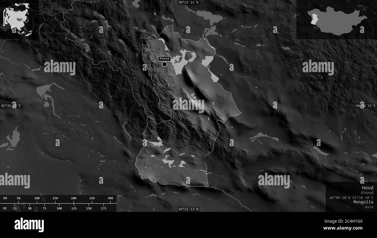 Hovd, province of Mongolia. Grayscaled map with lakes and rivers. Shape ...