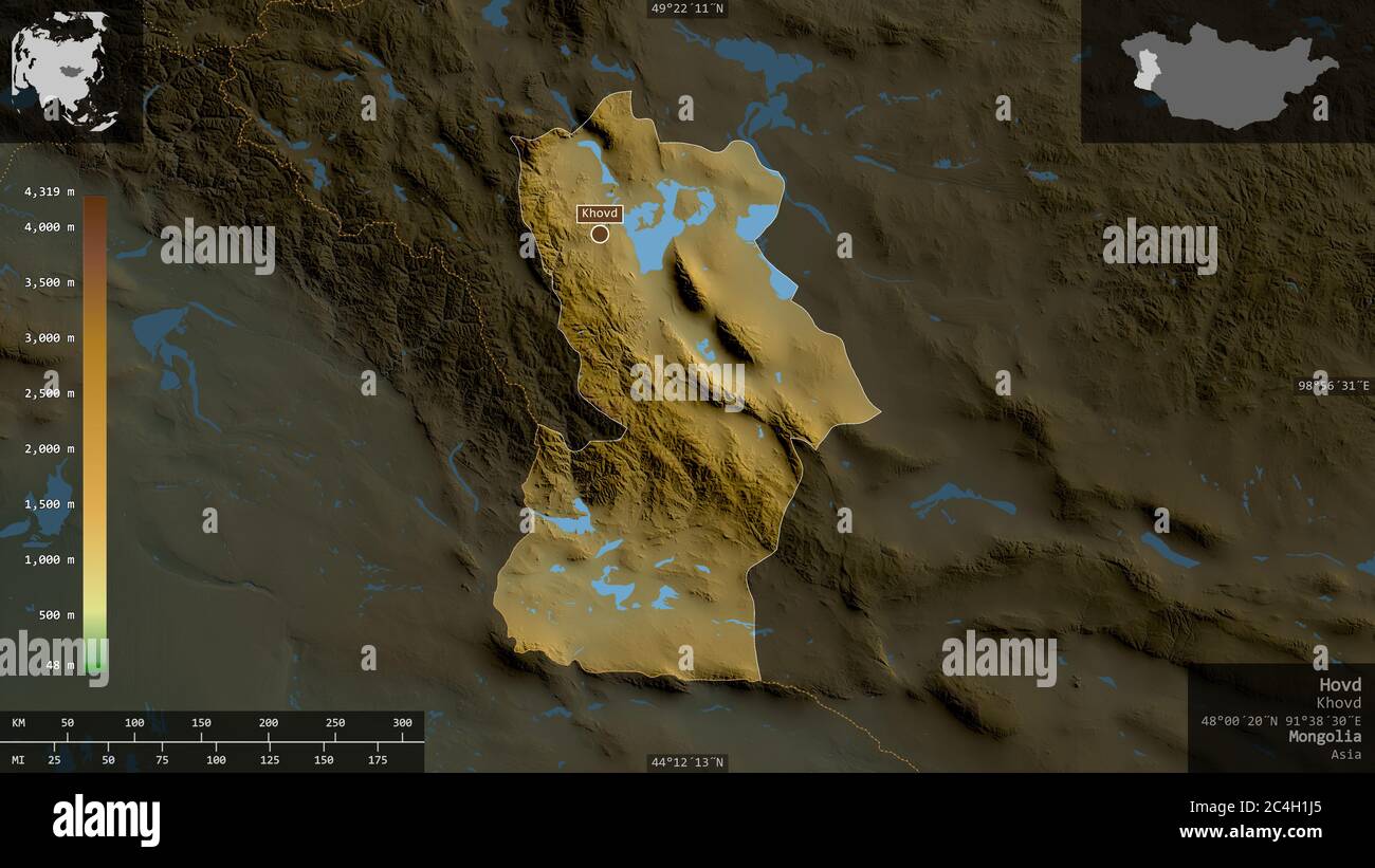 Hovd, province of Mongolia. Colored shader data with lakes and rivers. Shape presented against ...