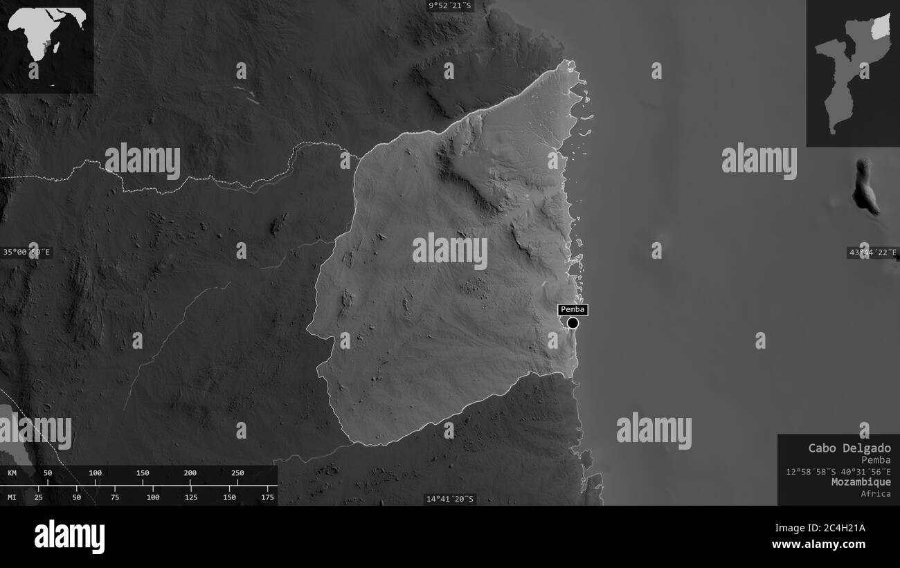 Cabo Delgado, province of Mozambique. Grayscaled map with lakes and ...