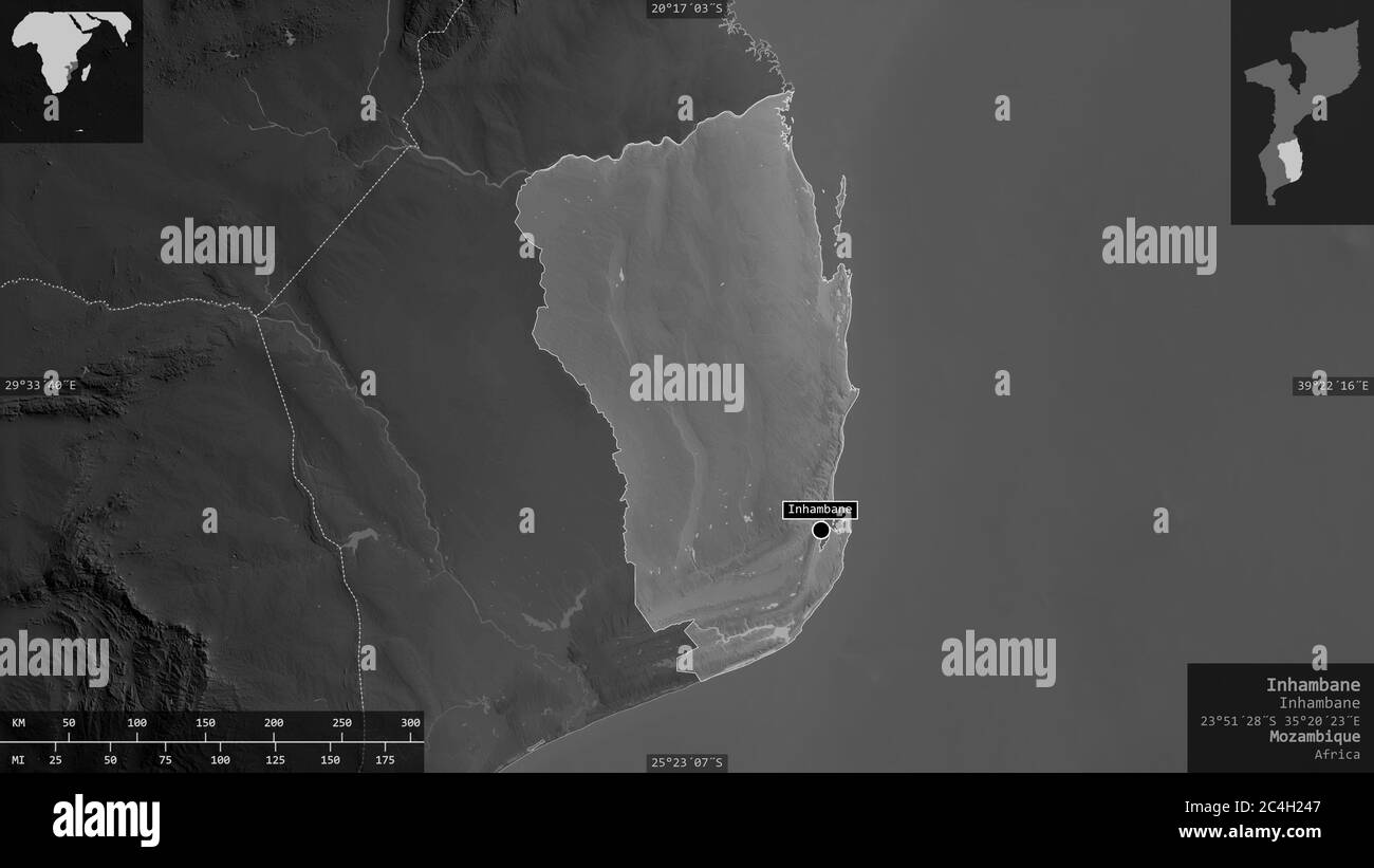 Inhambane, province of Mozambique. Grayscaled map with lakes and rivers ...